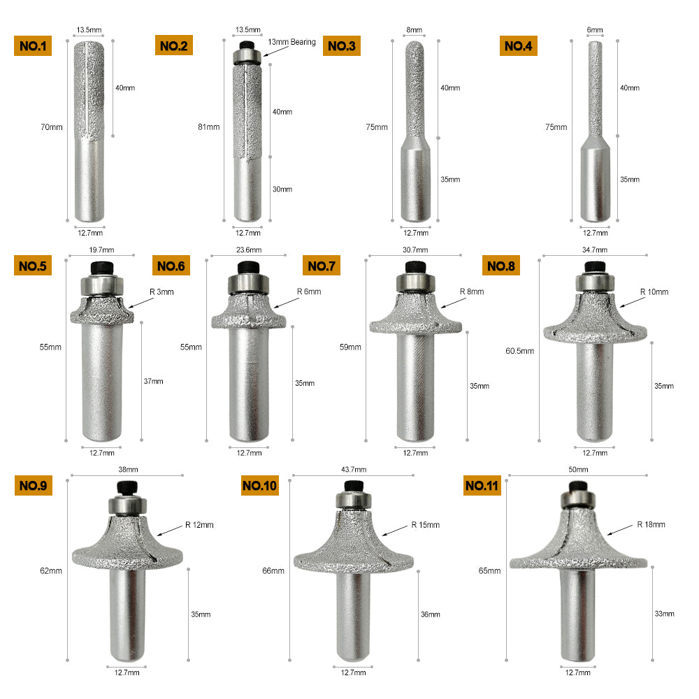 Diamond Router Bits with 1/2" shank for Granite & Marble 31 sizes ...